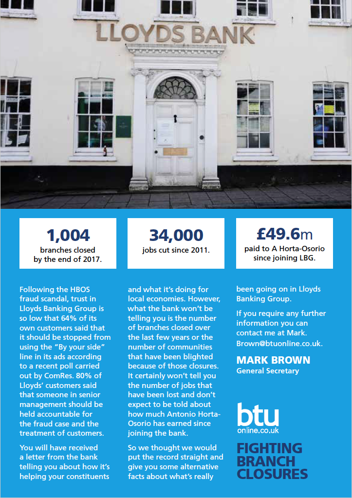 Leaflet Sent To MPs – Key Facts About Lloyds Banking Group | BTU