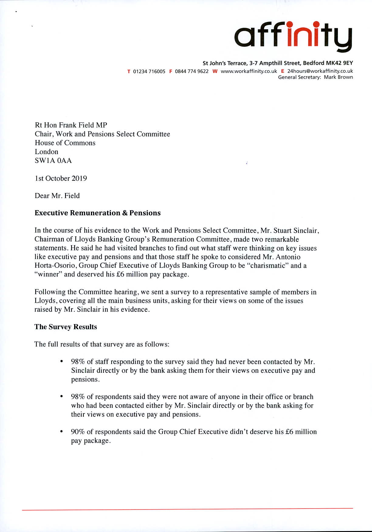 Letter To MP Frank Field Regarding Executive Pensions | BTU