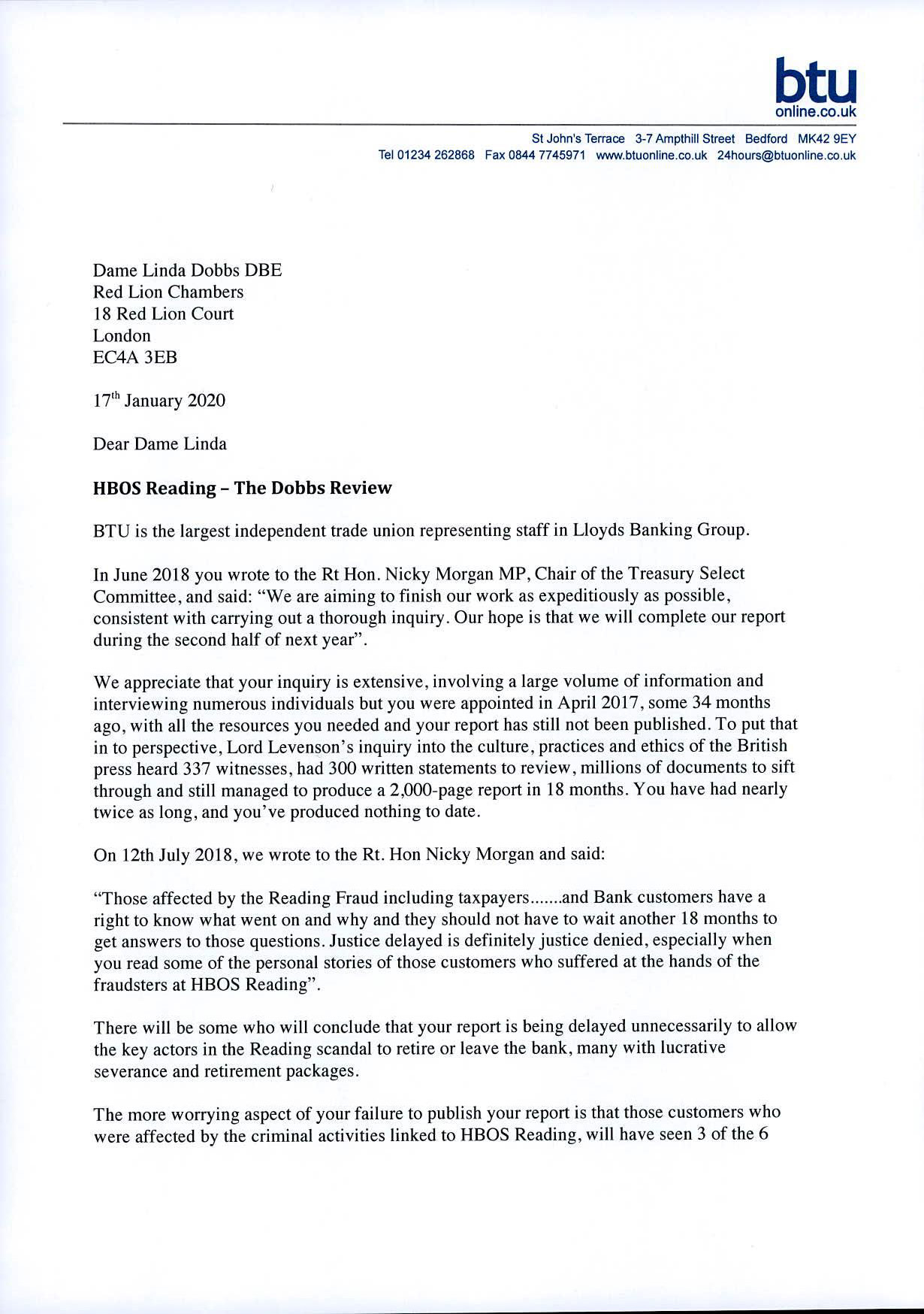 Letter To Dame Linda Dobbs DBE Regarding HBOS Reading - BTU