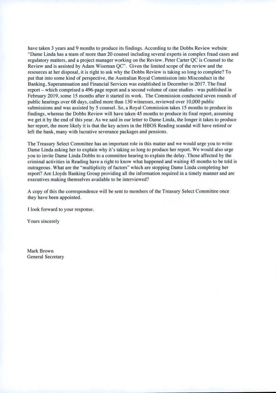 Letter To Rt Hon Mel Stride MP Regarding HBOS Reading | BTU