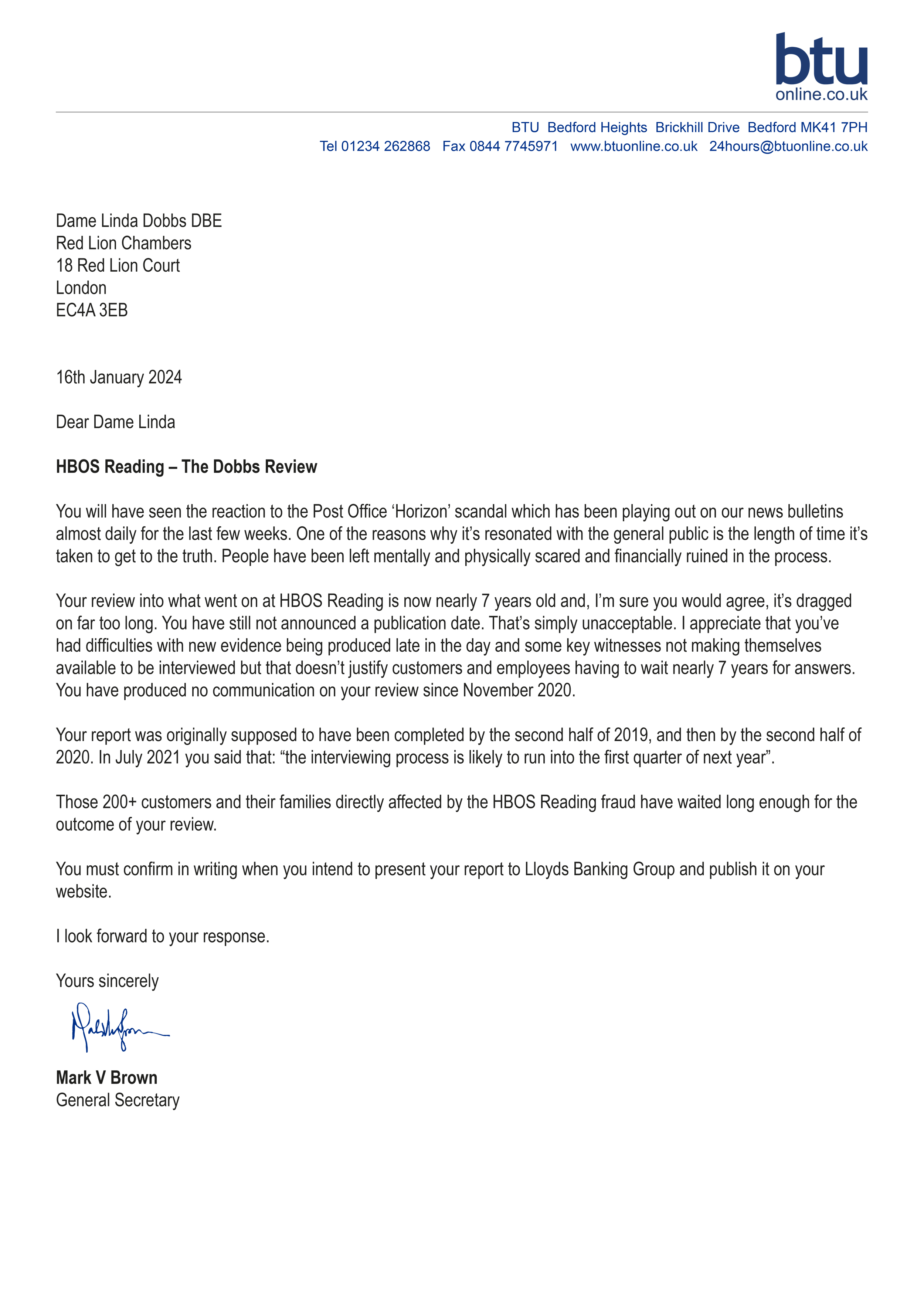 Letter To Dame Linda Dobbs DBE – HBOS Reading – The Dobbs Review | BTU