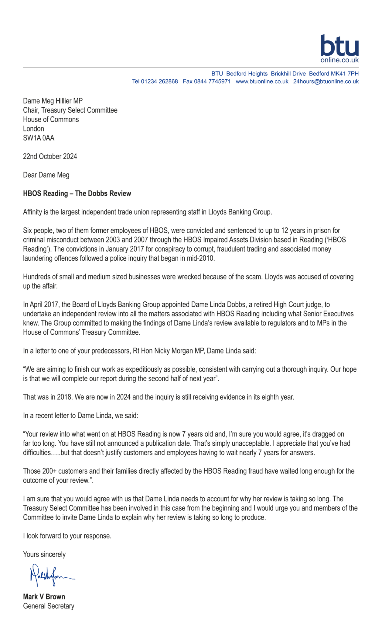 Letter To Dame Meg Hillier MP – HBOS Reading – The Dobbs Review | BTU